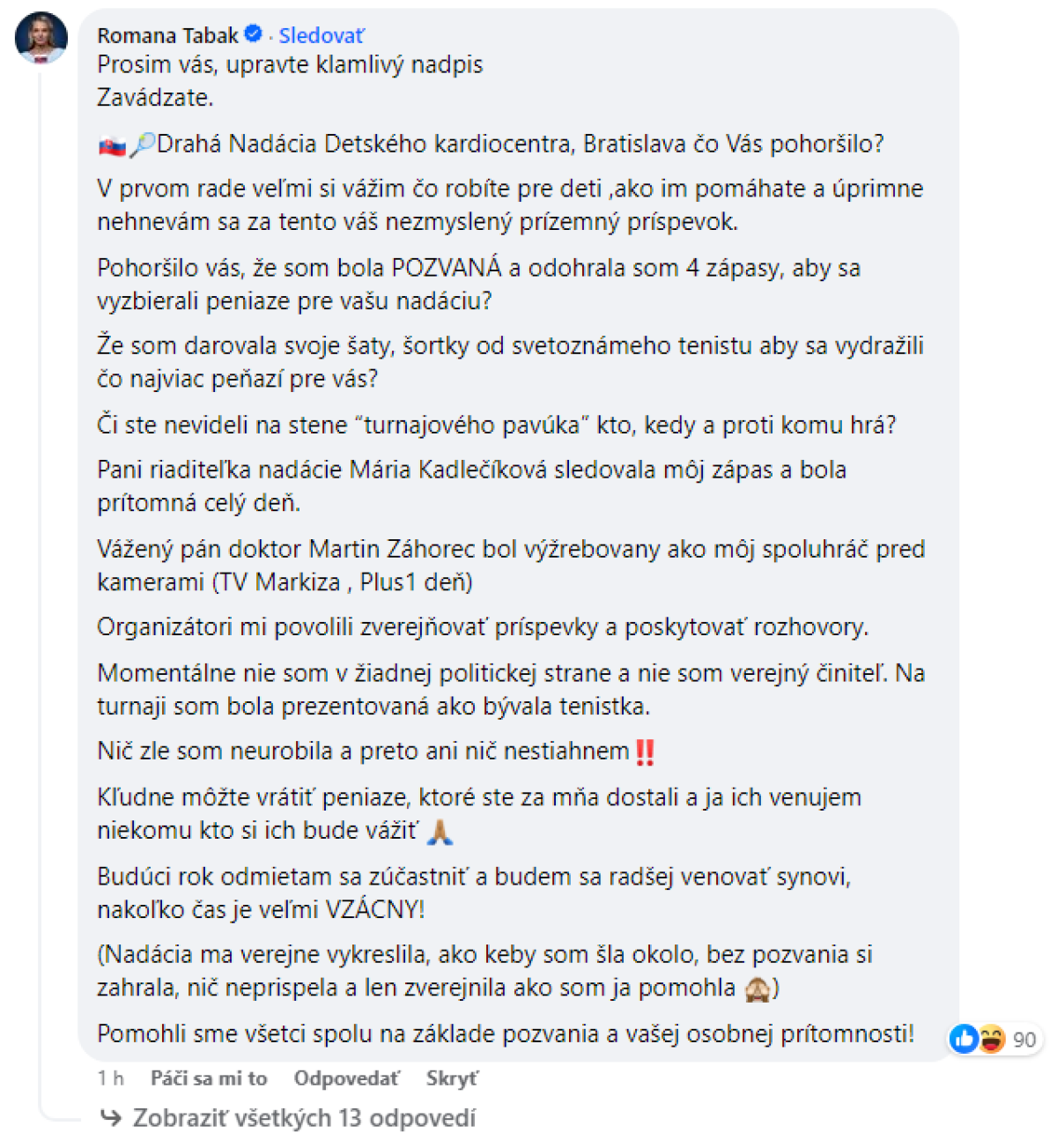 Nadácia tvrdí, že Tabák prišla na charitatívne podujatie bez jej vedomia. Organizátor a bývalá ...